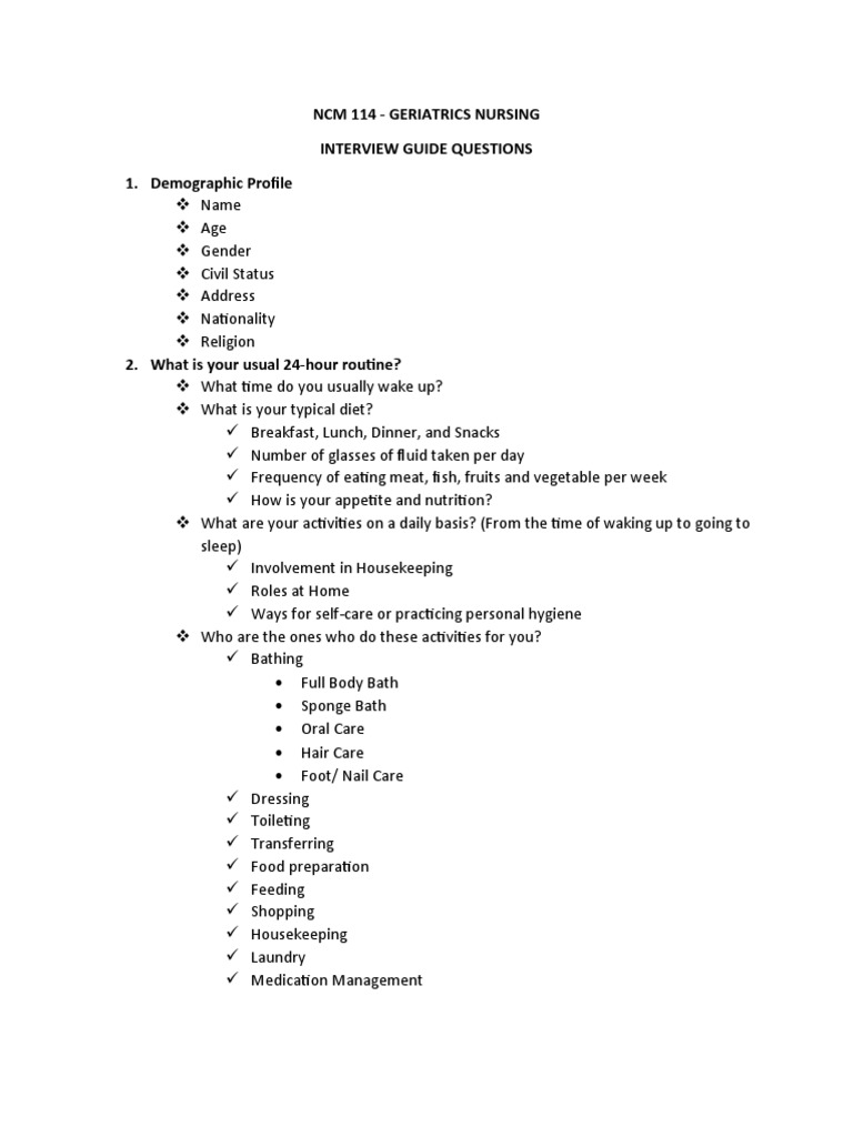 NCM 114 - Geriatrics Nursing Interview Guide Questions 1. Demographic ...