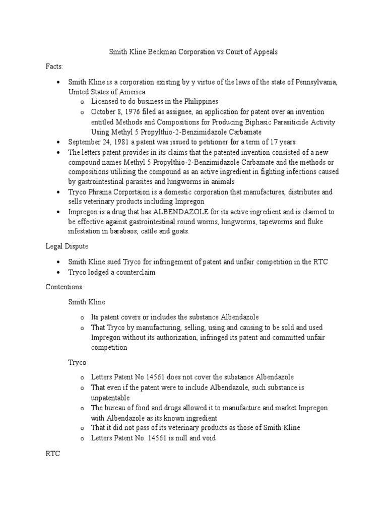 Smith Kline Beckman Corporation Vs Court of Appeals | PDF | Patent ...