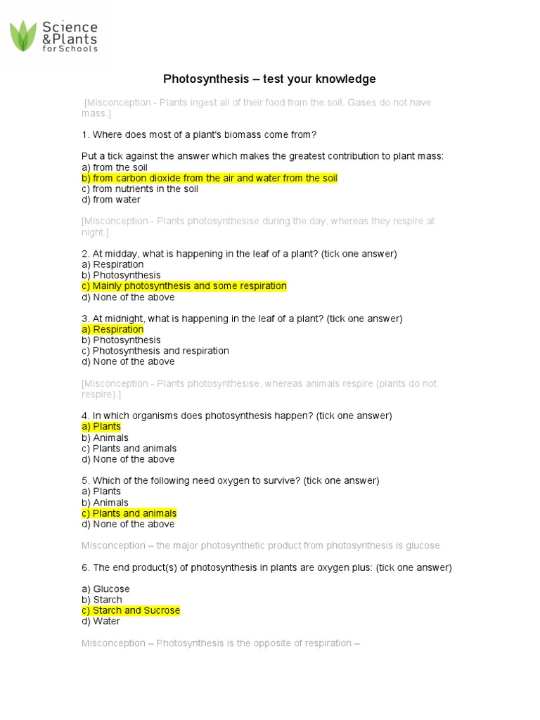 Photosynthesis Quiz: Test Your Knowledge | PDF | Photosynthesis | Plants