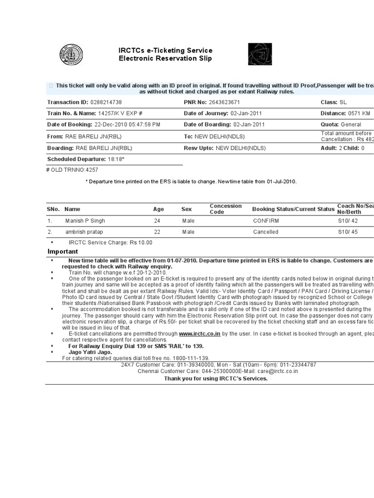 Irctcs E-Ticketing Service Electronic Reservation Slip: Important | PDF ...