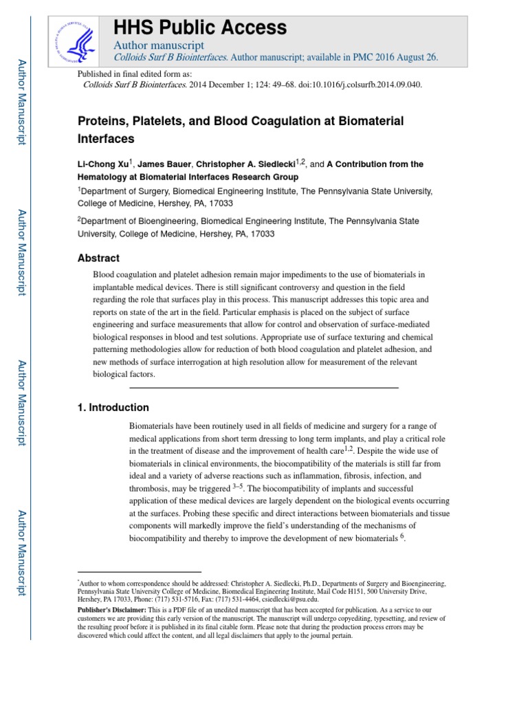 1.3.proteins, Platelets, and Blood Coagulation at Biomaterial, Xu (2014) | PDF | Wetting | Platelet