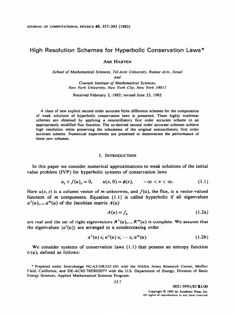 1983 High Resolution Schemes For Hyperbolic Conservation Laws Harten Pdf Eigenvalues And
