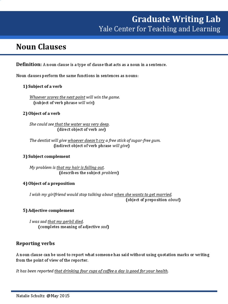 Graduate Writing Lab: Noun Clauses | PDF | Object (Grammar) | Verb