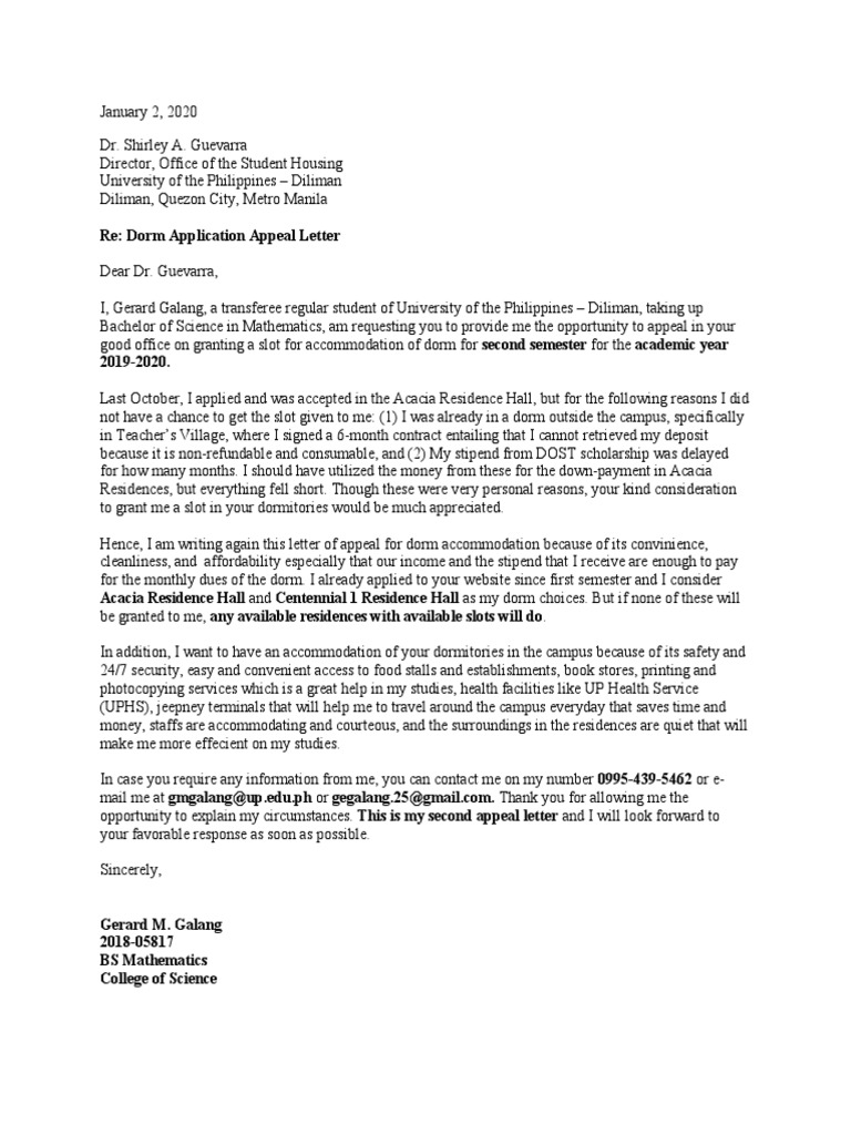 Dorm Appeal Letter (2nd Sem) | PDF | Dormitory | Further Education