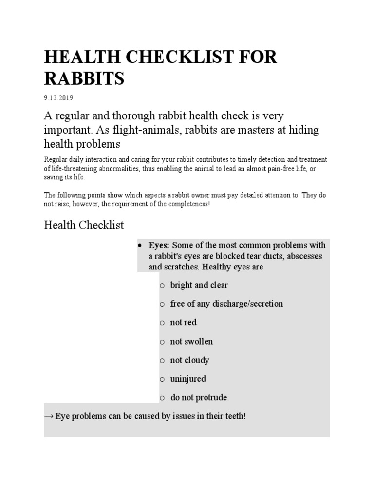Health Checklist For Rabbits | PDF | Rabbit | Feces