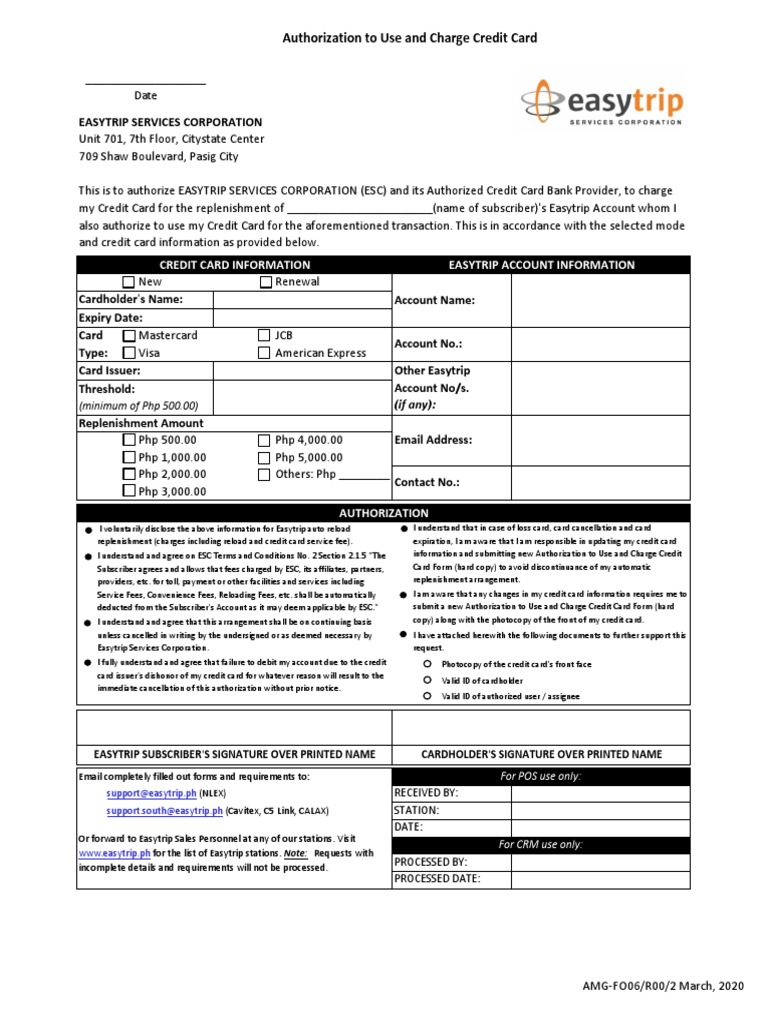 Easytrip Credit Card Authorization Form | PDF | Credit Card | Financial ...