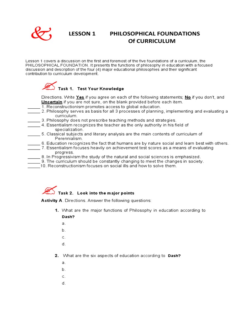 Lesson 1 Philosophical Foundations of Curriculum: Dash? | PDF ...