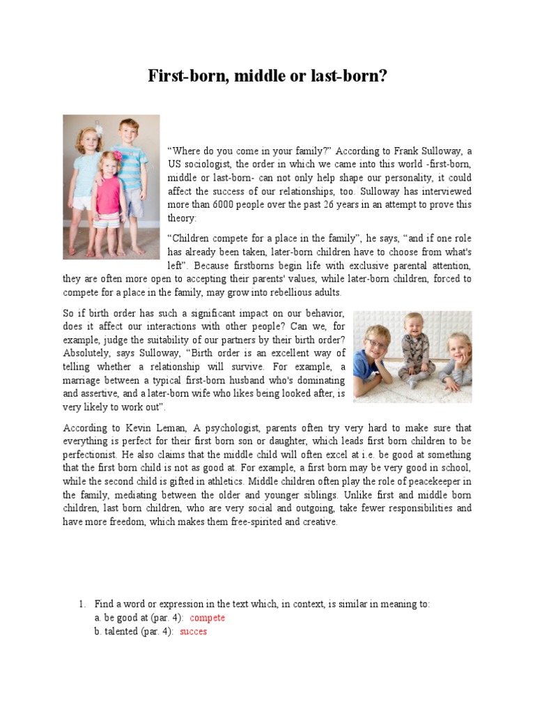 Birth Order Reading Comprehension | PDF | Sibling | Social Institutions