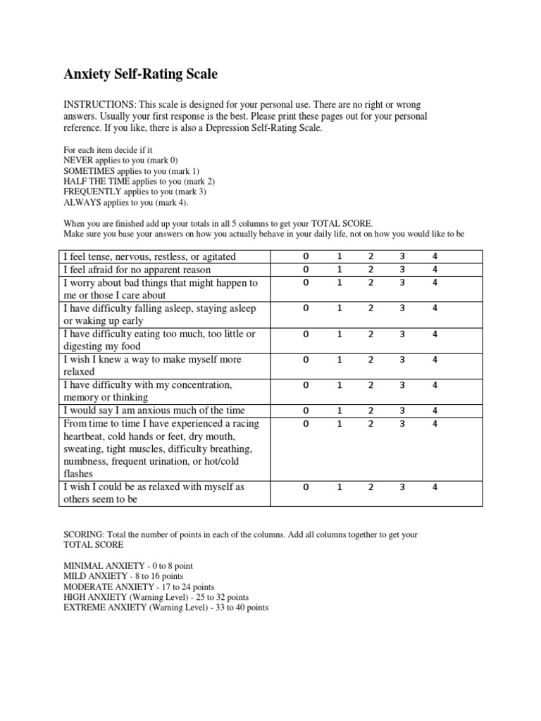 Anxiety Self-Rating Scale Guide | PDF | Self-Improvement
