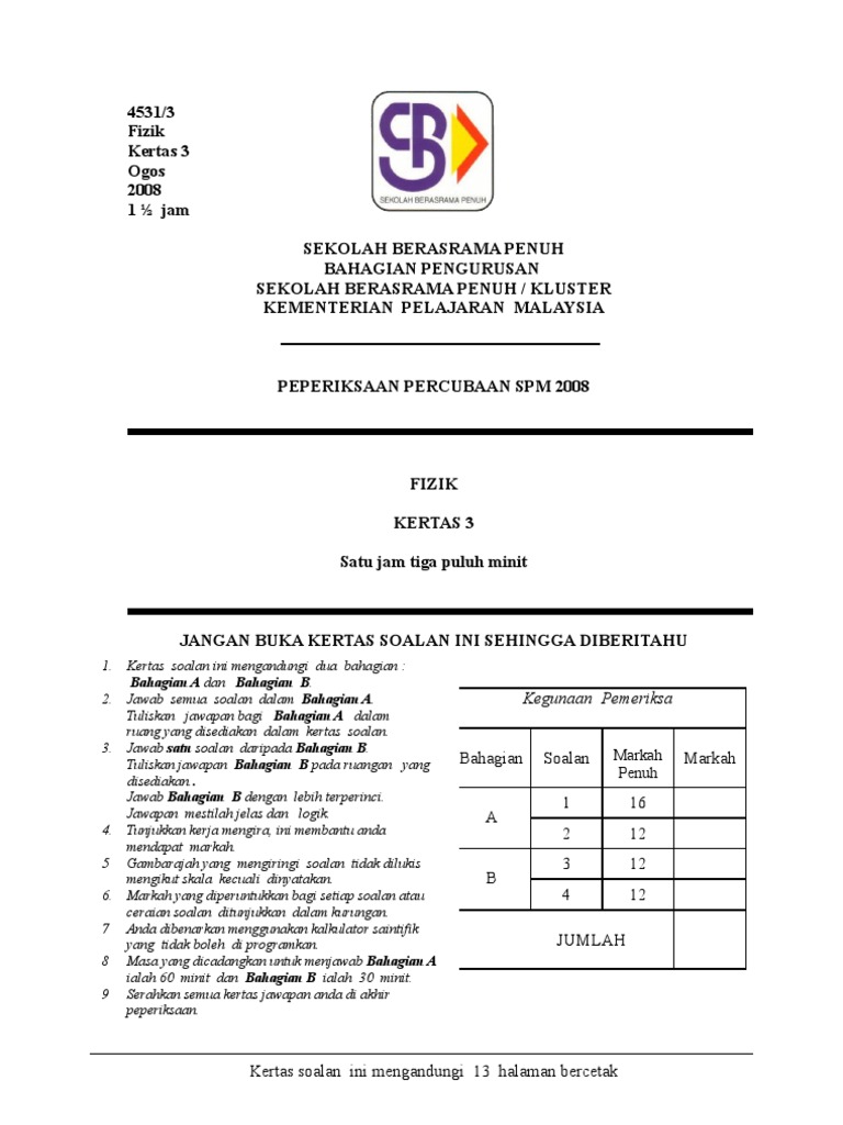 Paper 3 Trial SPM SBP 2008 | PDF