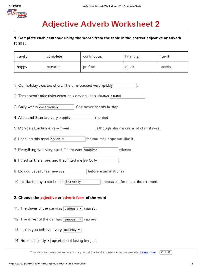 Adjective Adverb Worksheets 2 - GrammarBank | PDF | Adverb | Syntax