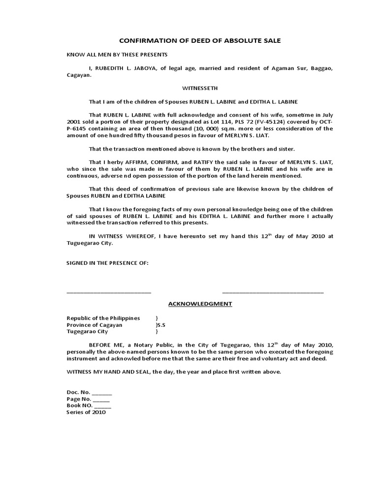 Confirmation of Deed of Absolute Sale | PDF