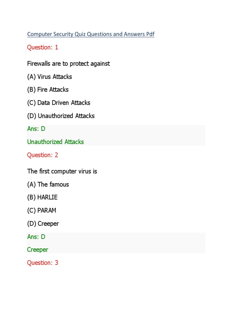 Computer Security Quiz Questions and Answers PDF | PDF