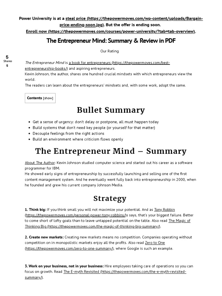 The Entrepreneur Mind - Book Summary - The Power Moves | PDF ...