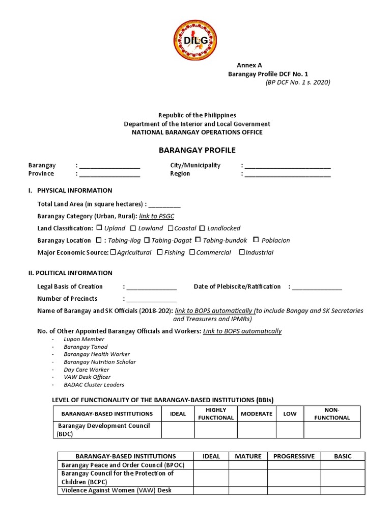 Annex A Barangay Profile DCF No. 1 | PDF | Economies | Business