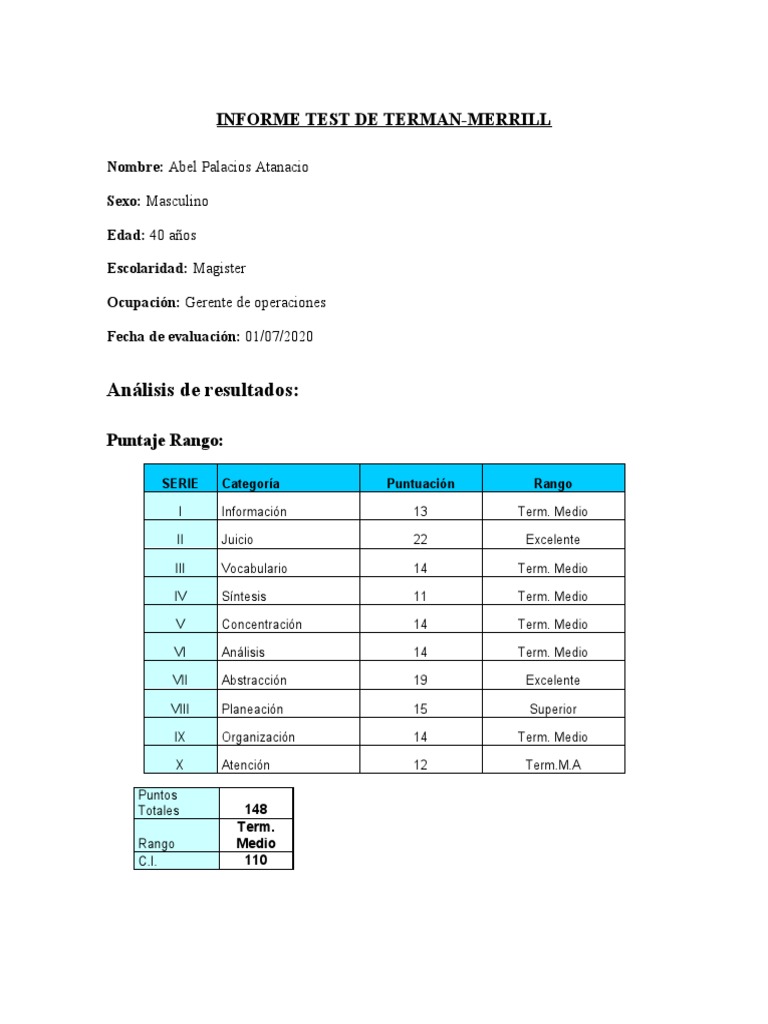 Informe Test de Terman Merrill | PDF | Cociente de inteligencia ...