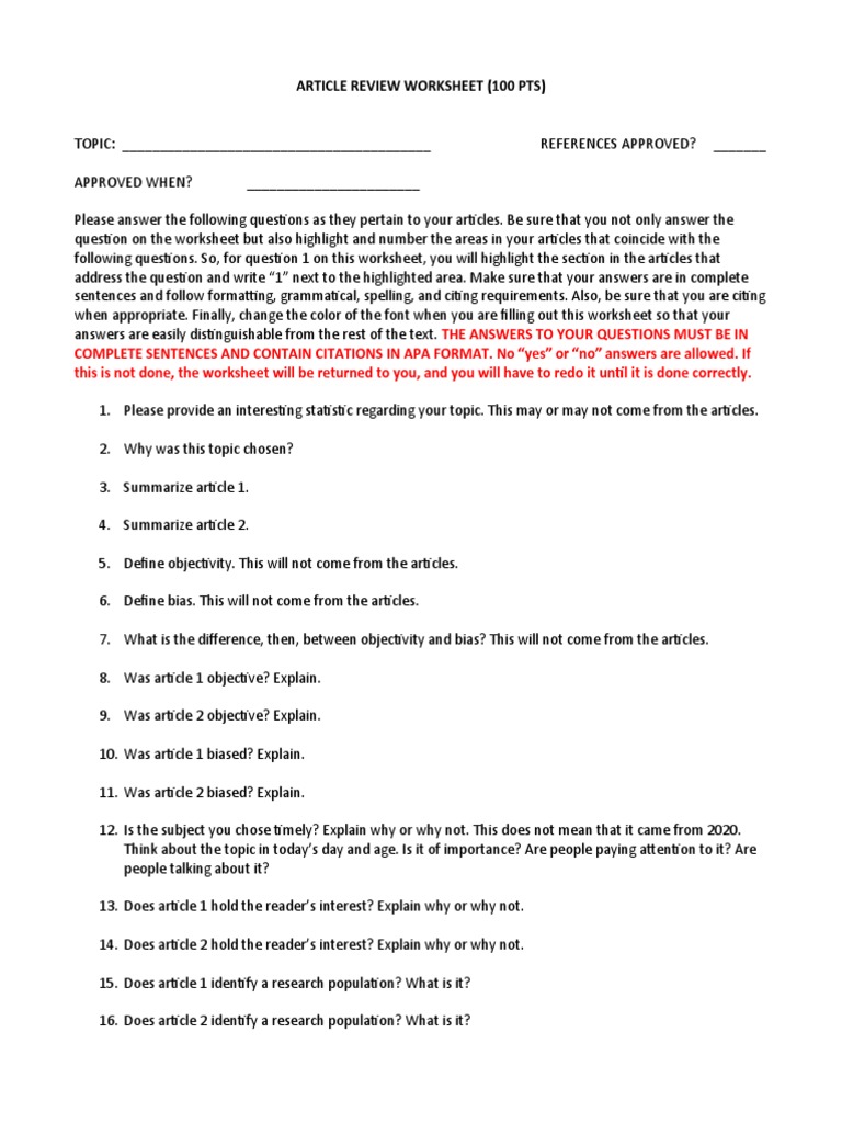 Article Review Worksheet (100 PTS) | PDF | Question | Cognition
