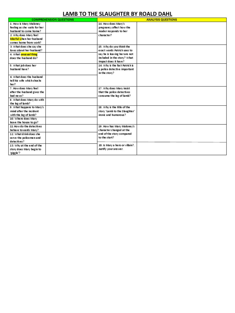 Comprehension Questions for "Lamb to the Slaughter" | PDF