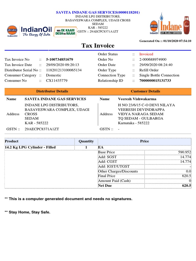 Tax Invoice: Savita Indane Gas Services (0000118201) | PDF | Invoice | Payments