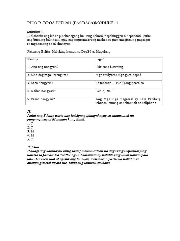 Pagbasa Module 1 - Romeo Bryan Magbanua - Ict 1201 | PDF
