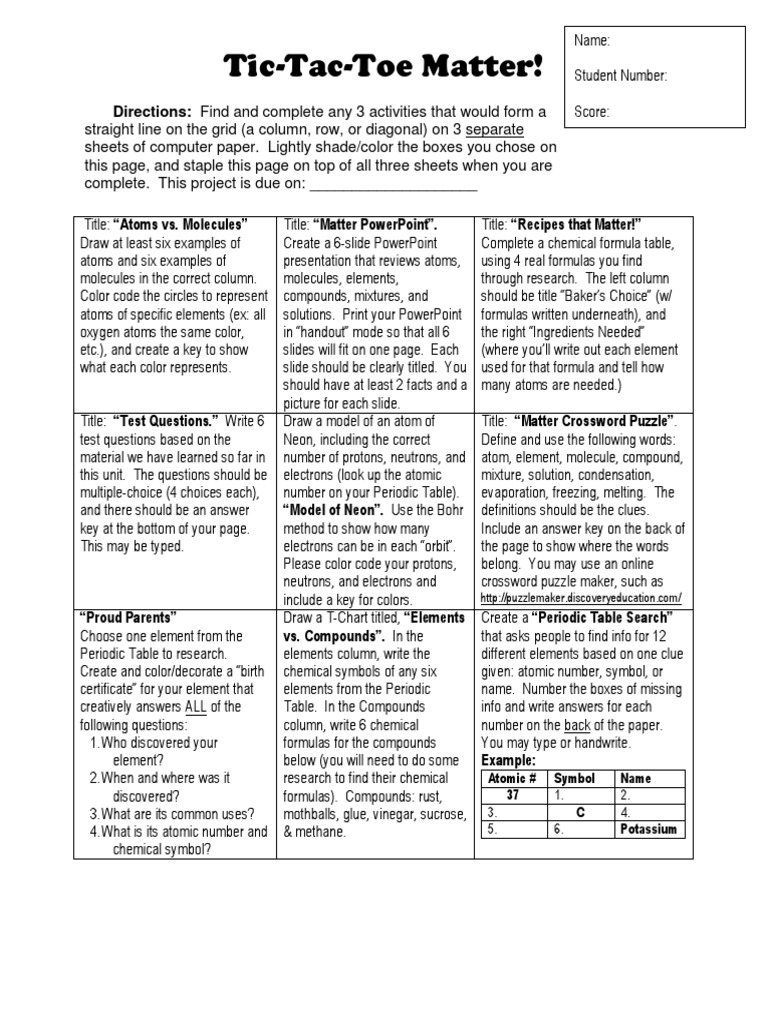 Tic-Tac-Toe Matter!: Directions: Find and Complete Any 3 Activities ...