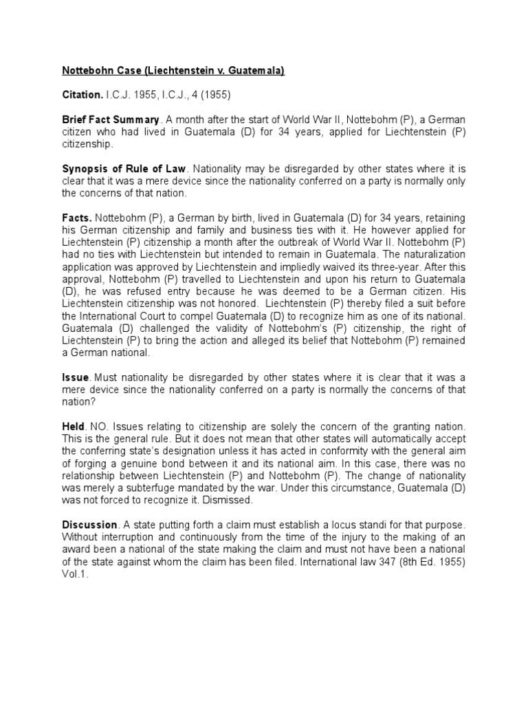 Nottebohm Case (Liechtenstein v. Guatemala) | PDF | Nationality ...