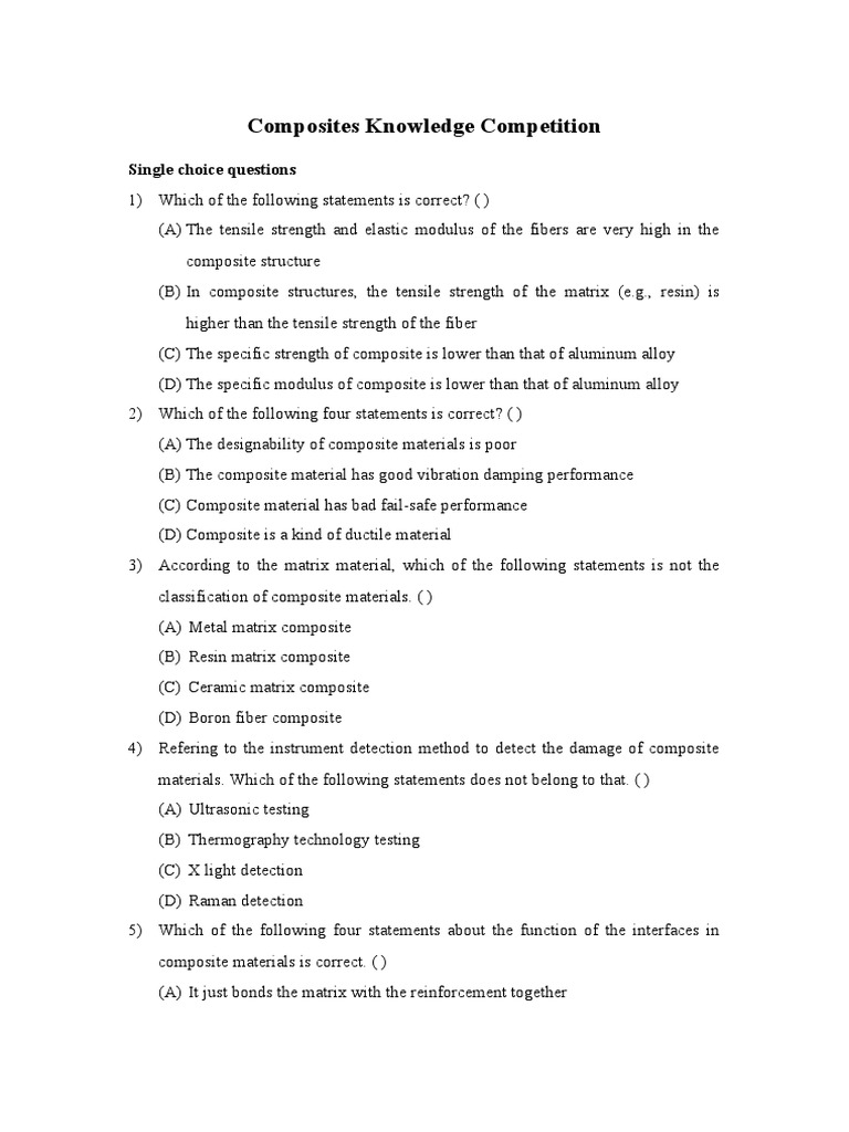 Composites Knowledge Competition: Single Choice Questions | PDF ...
