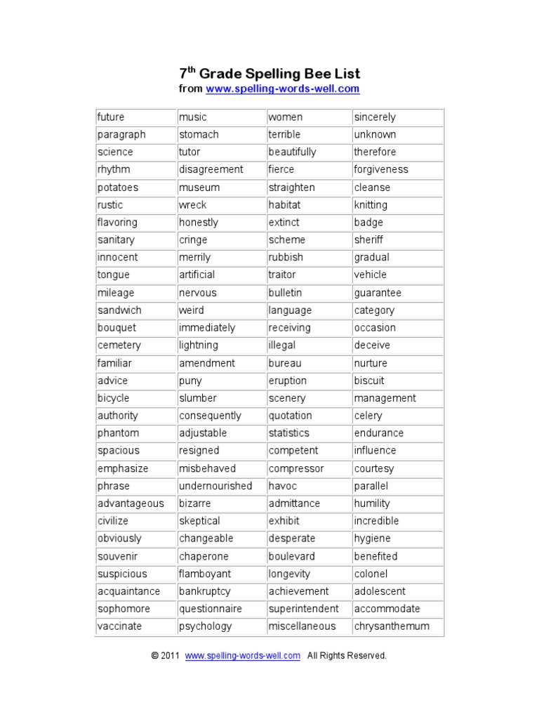 Spelling Bee List 7th Grade PDF | PDF