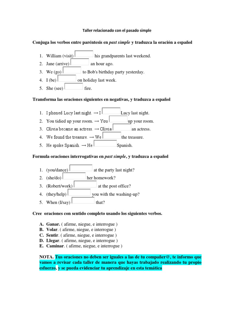 Taller Relacionado Con El Pasado Simple | PDF