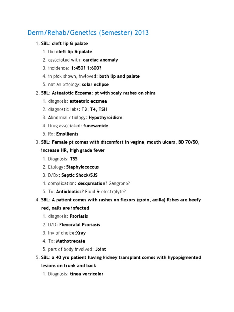Derm/Rehab/Genetics (Semester) 2013: Increase HR, High Grade Fever ...