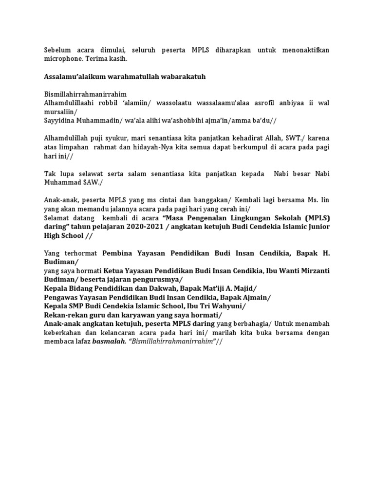 Naskah MC MPLS 2020 Hari RABU | PDF