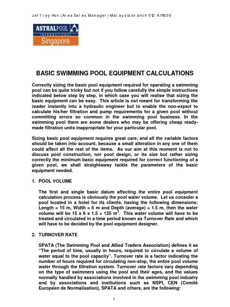 Basic Pool Equipment Calcs PDF | PDF | Filtration | Pump