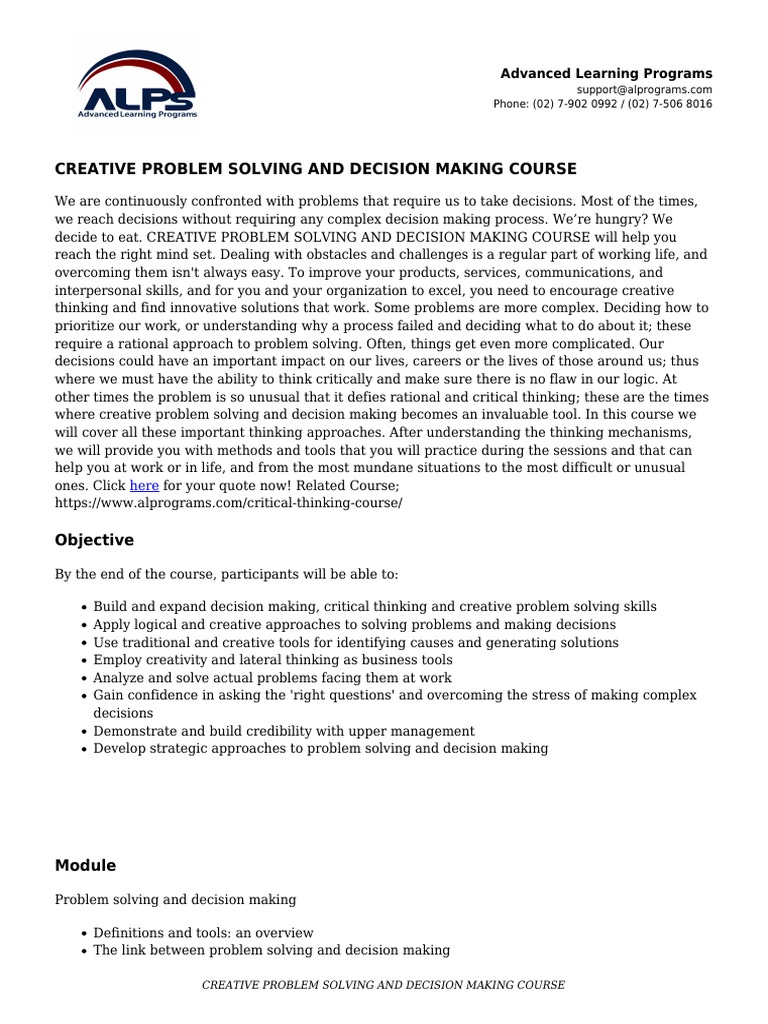 CREATIVE PROBLEM SOLVING AND DECISION MAKING COURSE - Course Outline ...