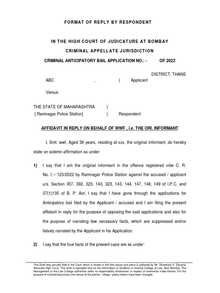 Format of Reply by Respondent | PDF | Bail | Misconduct