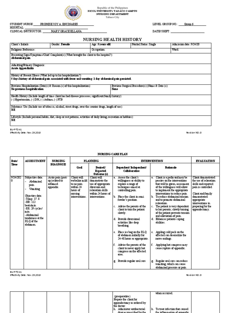 Nursing Care Plan for Acute Appendicitis | PDF | Medical Specialties ...