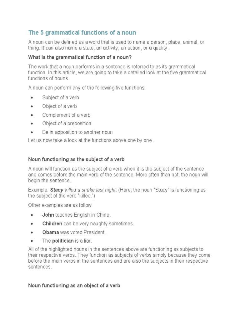 The 5 Grammatical Functions of A Noun | PDF | Adjective | Grammatical ...