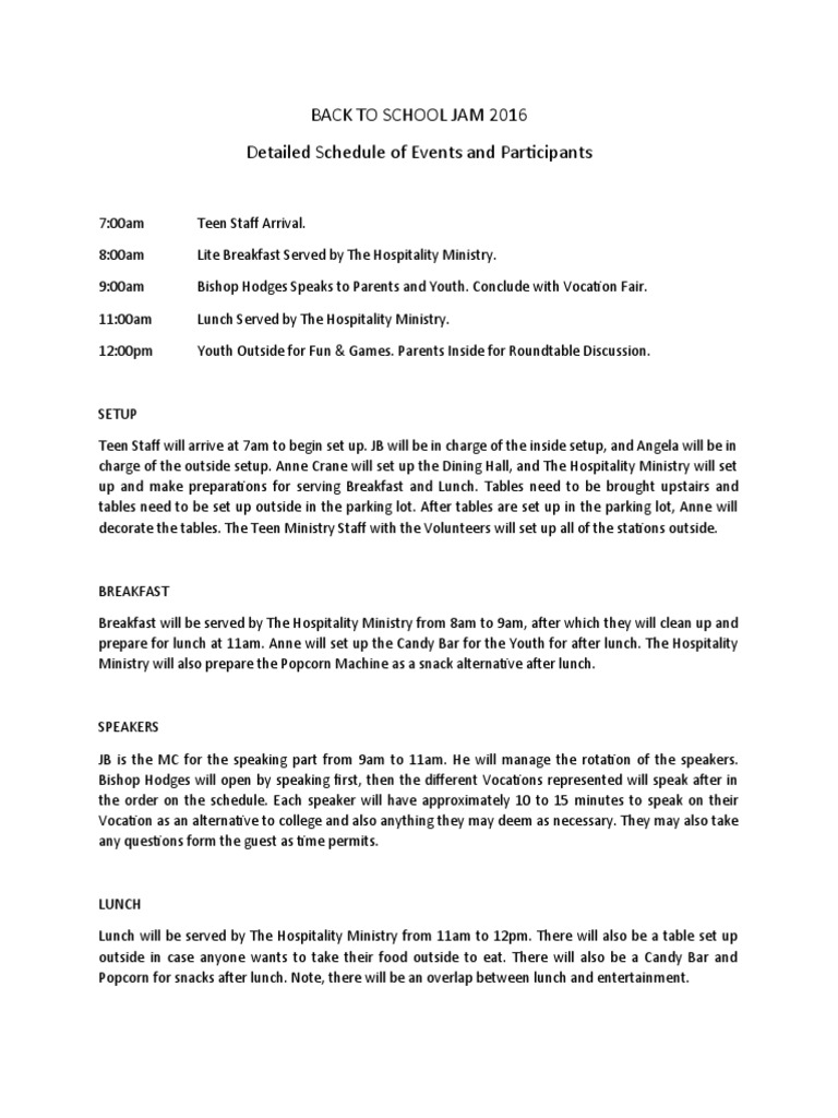 BACK TO SCHOOL JAM Detailed Scedule 2016 | PDF | Foods