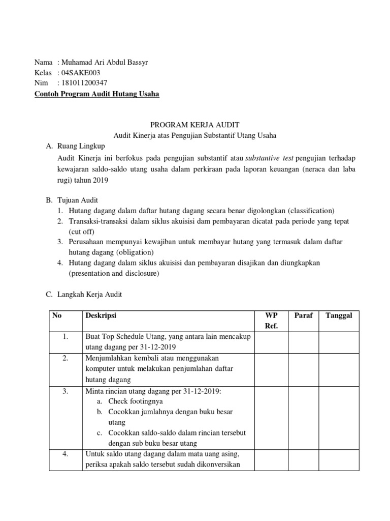 Contoh Program Kerja Audit Utang Usaha | PDF