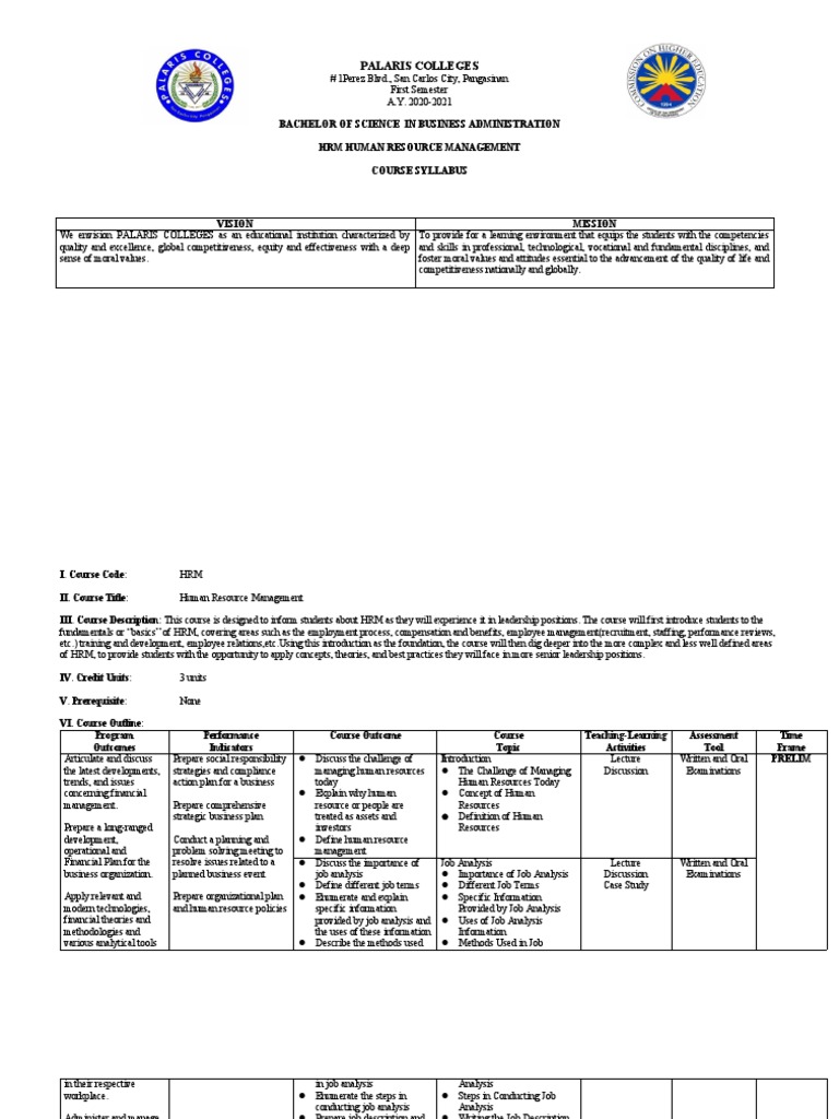 HRM HUman Resource Management Syllabus - Docxfirst Semsester 2020-2021 ...