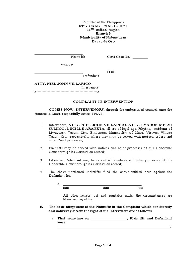 Sample Complaint in Intervention | PDF | Affidavit | Intervention (Law)