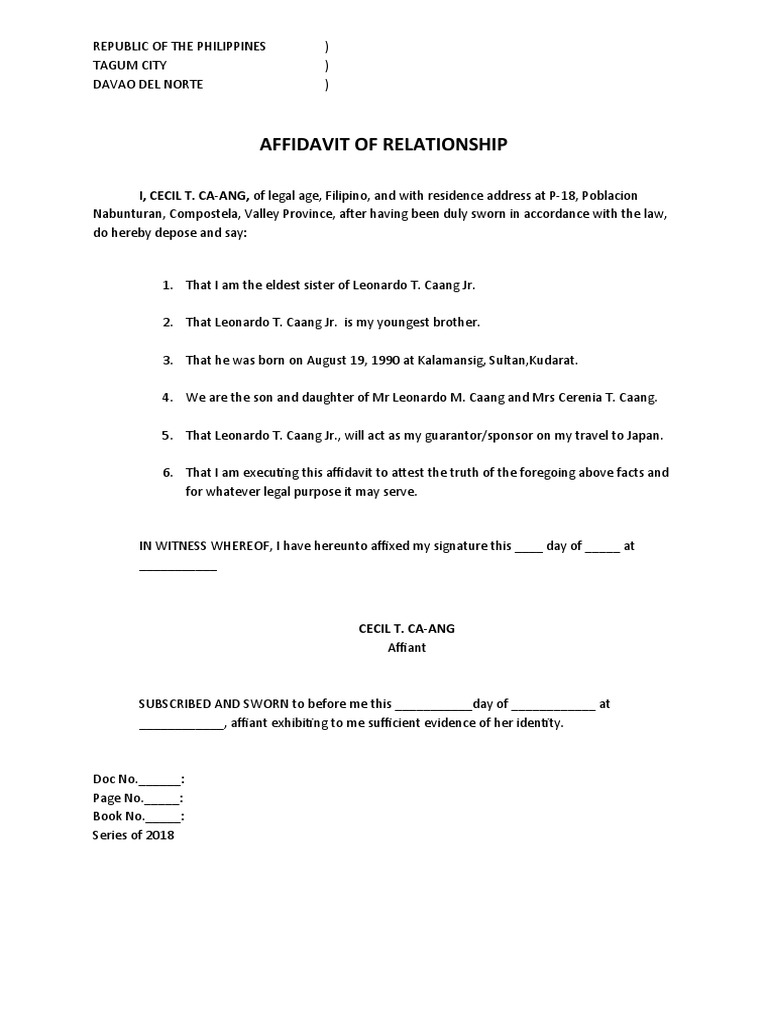 Affidavit of Relationship | PDF