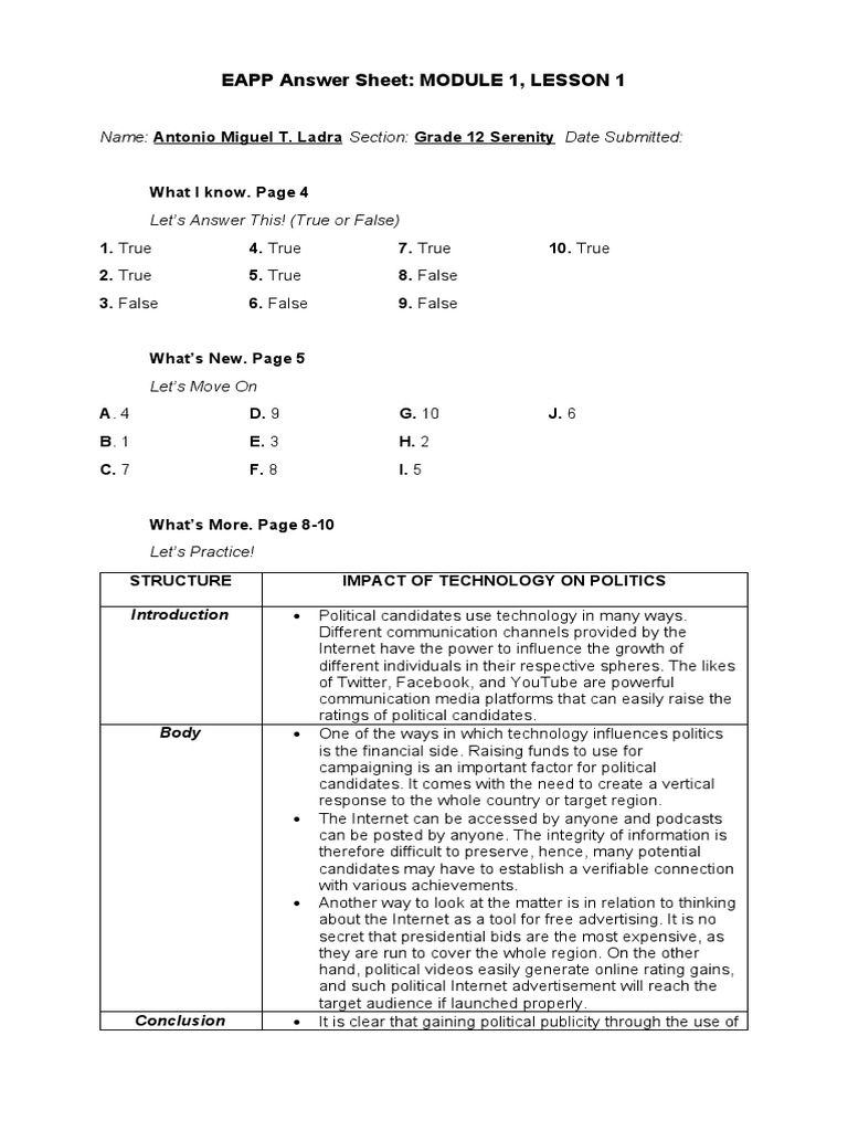 EAPP Answer Sheet Module 1 Lesson 1 | PDF | Recruitment | Gender Inequality