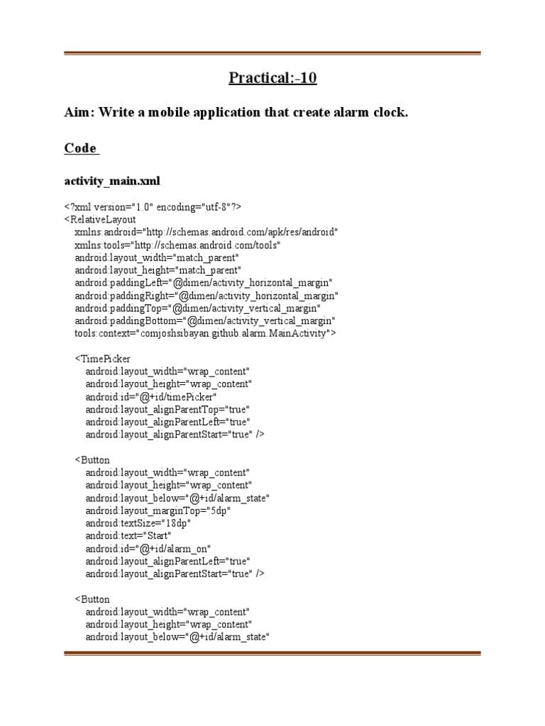 Practical:-10: Aim: Write A Mobile Application That Create Alarm Clock. Code | PDF | Android ...
