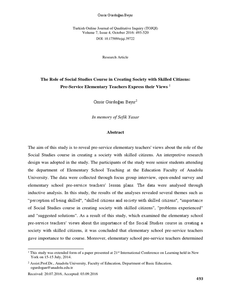 The Role of Social Studies Course in Creating Society With Skilled ...