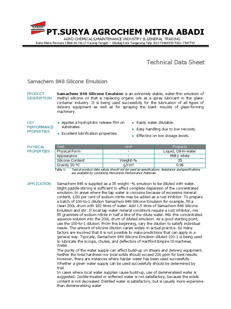 PT - Surya Agrochem Mitra Abadi: Samachem 848 Silicone Emulsion | PDF ...