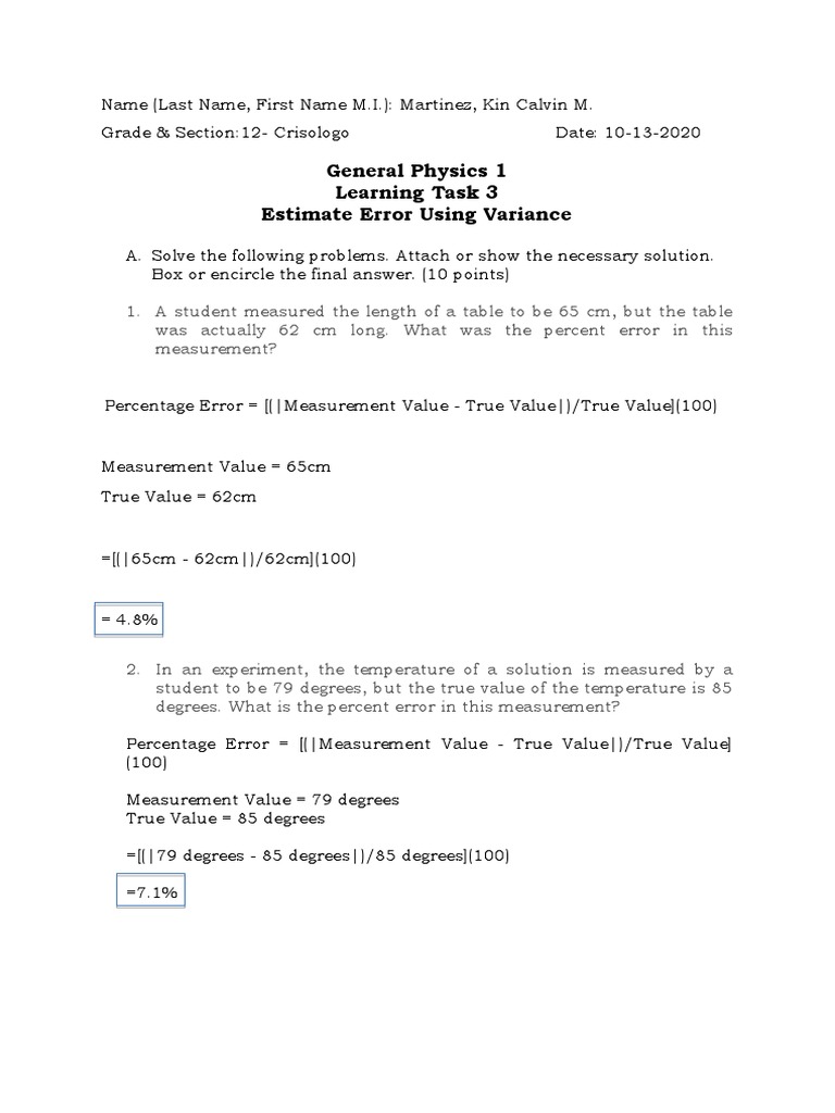 General Physics 1 Learning Task 3 Estimate Error Using Variance | PDF | Teaching Methods ...
