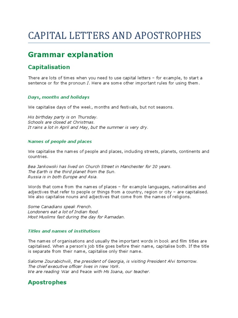 Capital Letters and Apostrophes | PDF | Letter Case | Grammatical Number