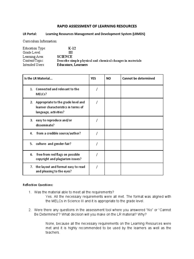 Rapid Assessment of Learning Resources | PDF | Curriculum | Learning