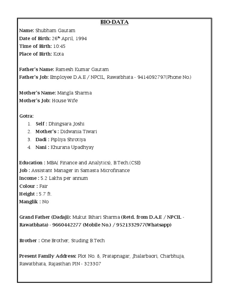 Bio Data - Shubham PDF | PDF