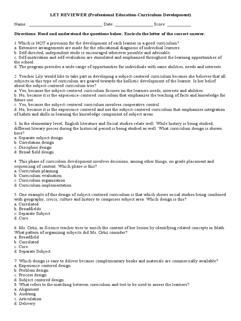 LET Reviewer: Curriculum Development Insights | PDF | Curriculum | Teachers